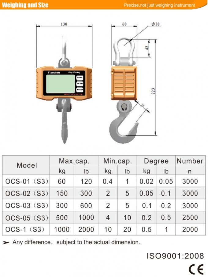 100kg Electronic Crane Scales , Digital Crane Scale OCS-S Portable Hook ...